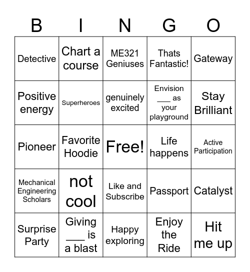 ME 321 Project Bingo Card
