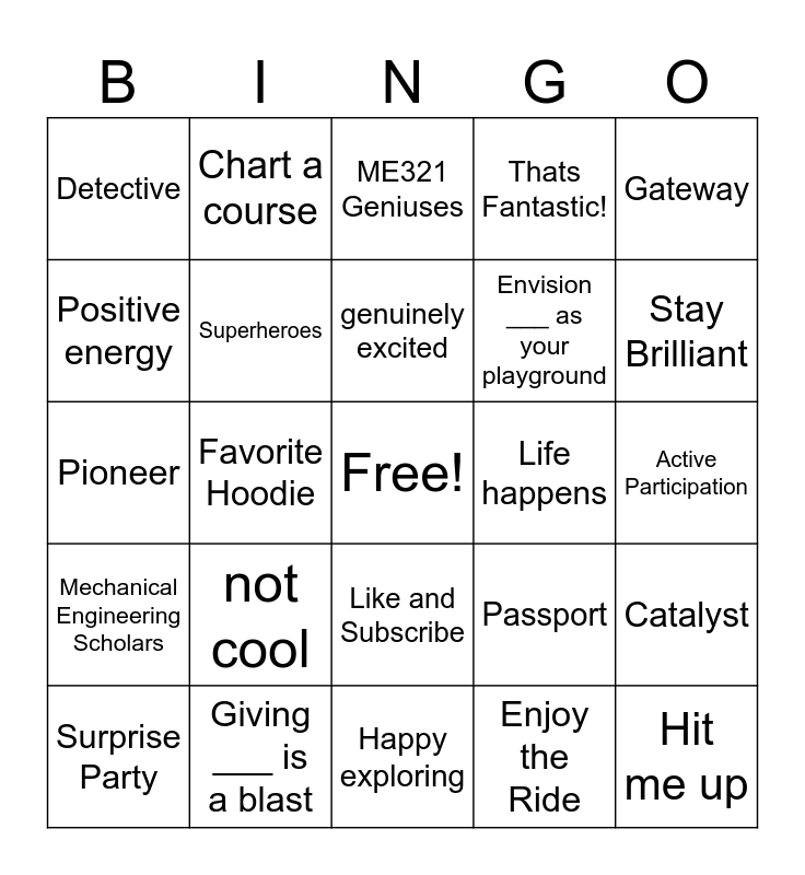 ME 321 Project Bingo Card