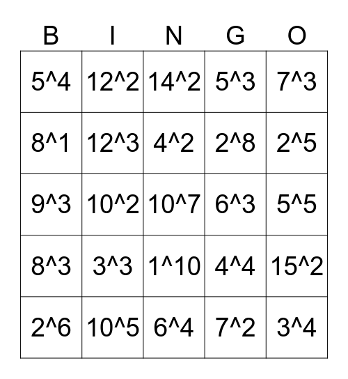 Exponents Bingo Card