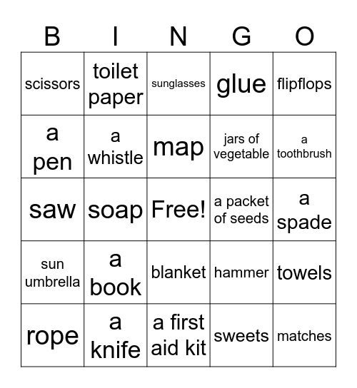 YOUR SURVIVAL KIT Bingo Card