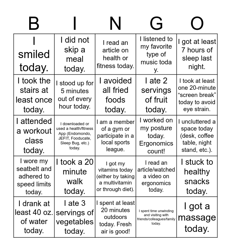Wellness Bingo Card