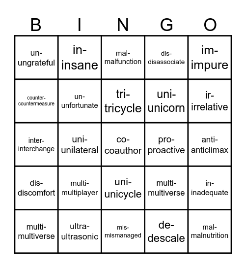PREFIX BINGO Card
