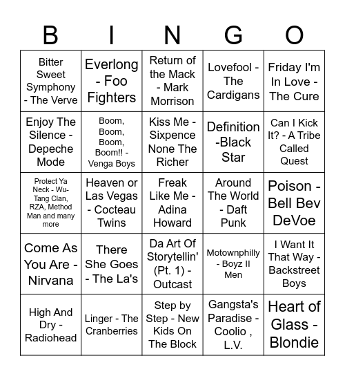 Throw Me Back 1990 - 2000 Bingo Card