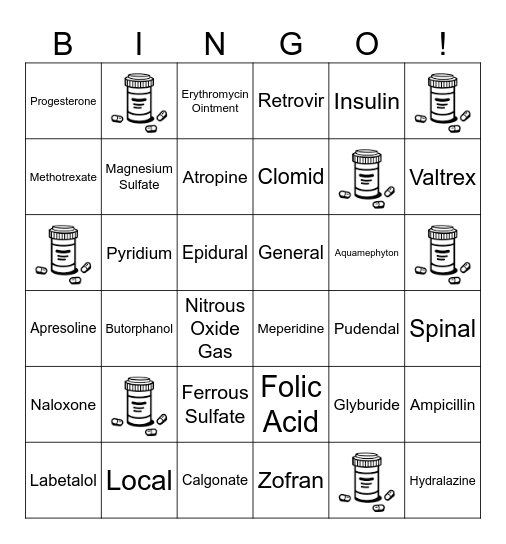 Bingo Review Study Guides 1&2 OB Medications Bingo Card