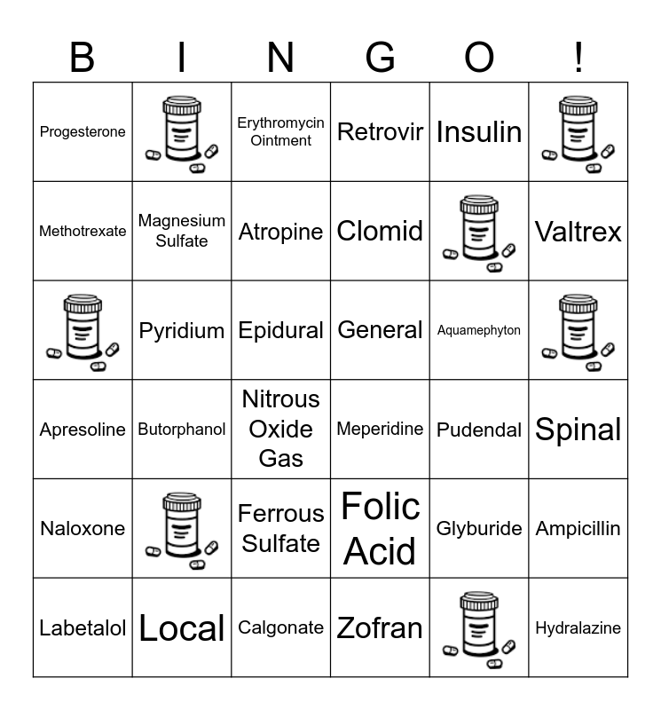 Bingo Review Study Guides 1&2 OB Medications Bingo Card