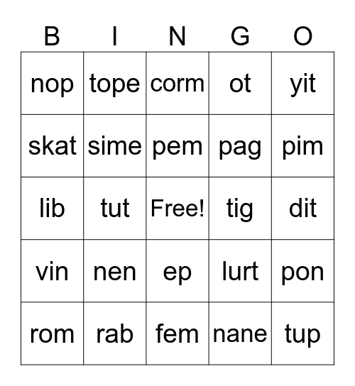 1st Grade Nonsense Words Bingo Card
