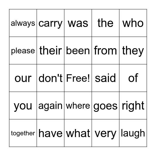 Heart Word Bingo Card
