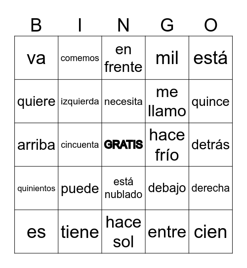 Spanish Review Vocab Bingo Card
