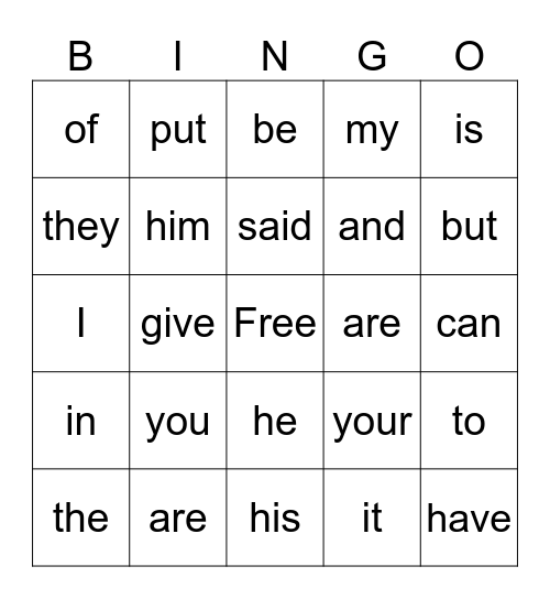 Sight Word Bingo Card