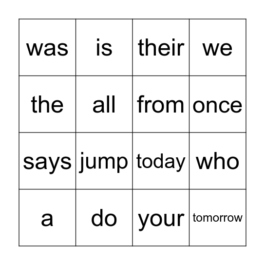 Tricky Word Bingo Card