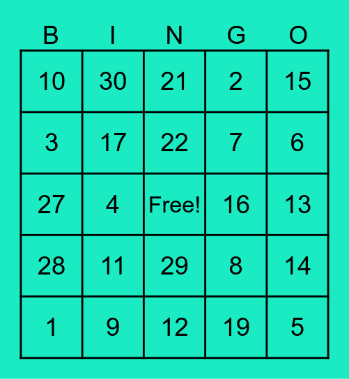 NUMBERS 0-30 BINGO Card