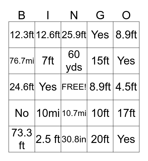 Pythagorean Theorem HW Bingo Card