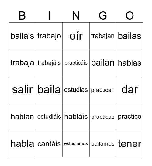 Verb Conjugation Bingo Card