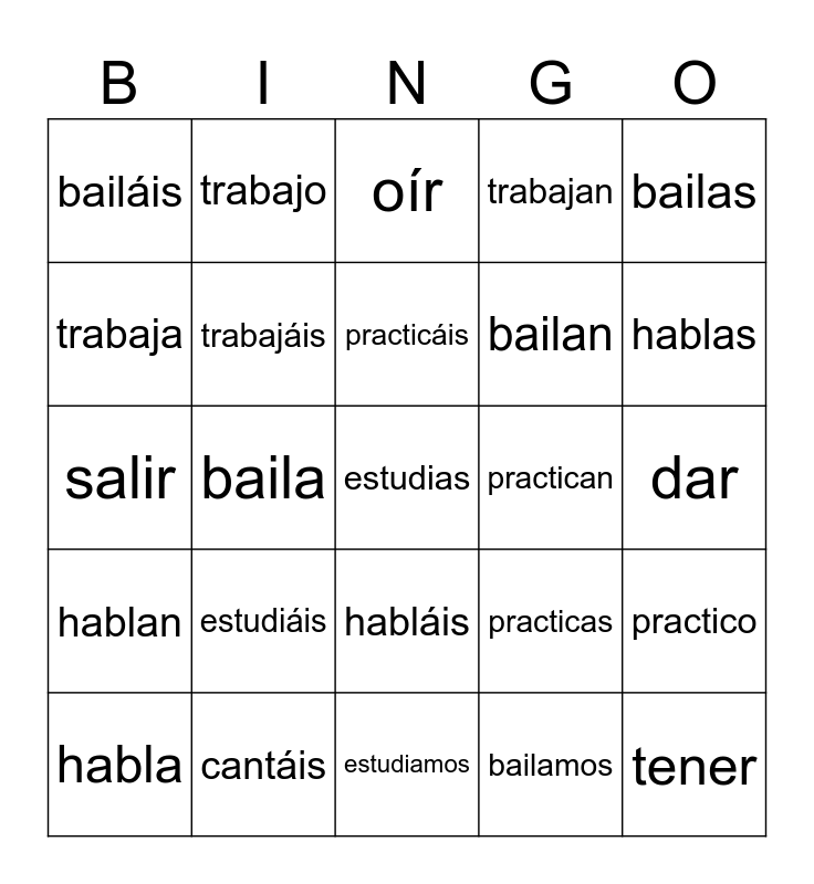 Verb Conjugation Bingo Card