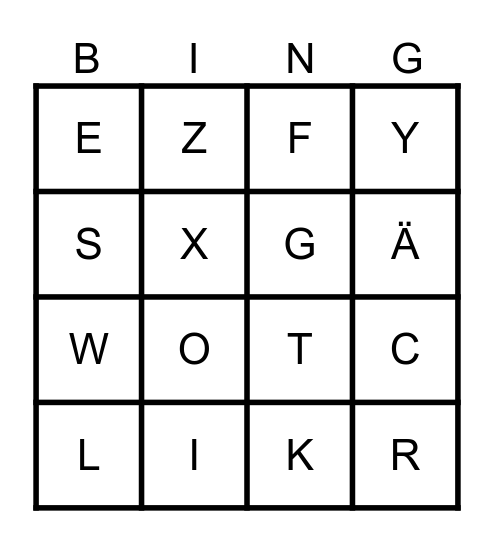 Kirjain Bingo Card