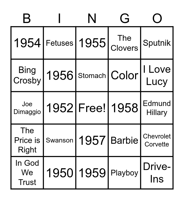 1950's Bingo Card
