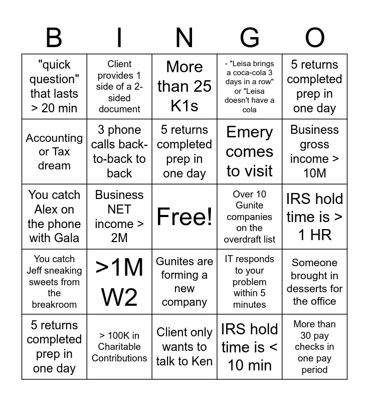 Tax Season Bingo Card