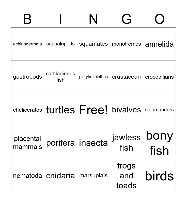 Animal Phylum Bingo - BJU Life Science Bingo Card