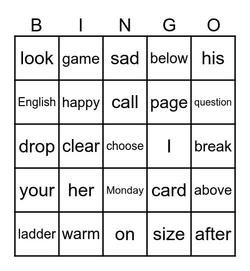Sight Words Bingo Card