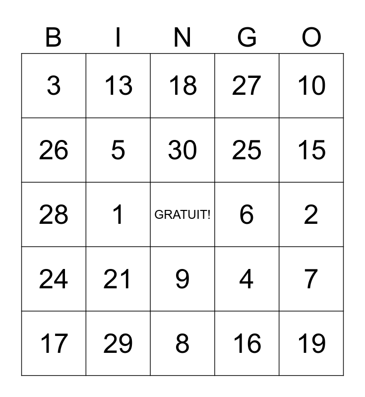 Les Nombres Bingo Card