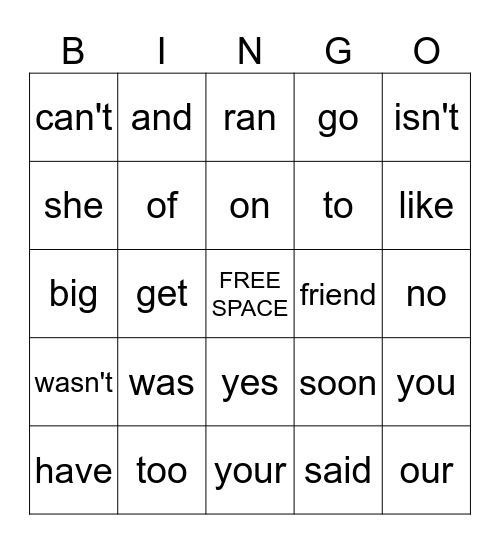Sight Word Bingo Card