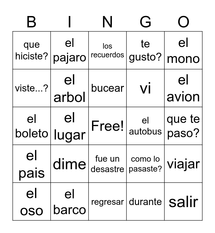 Realidades 1 8A Bingo Card