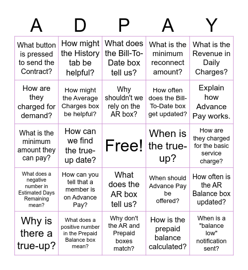 Advance Pay Bingo Card