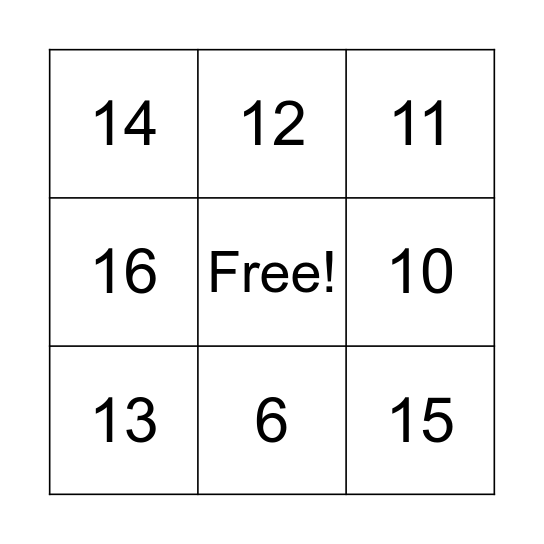 teen numbers Bingo Card