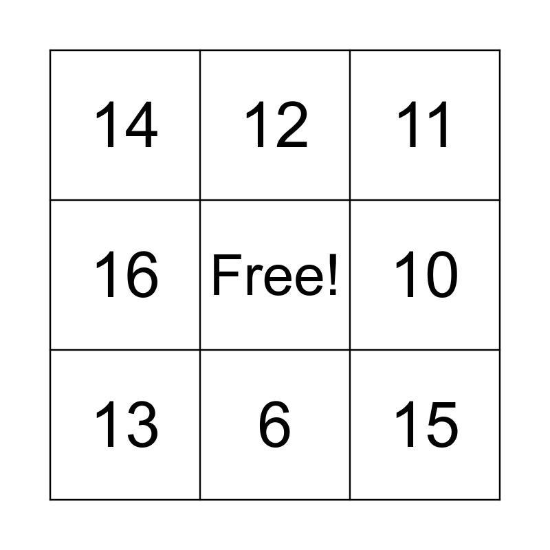 teen numbers Bingo Card