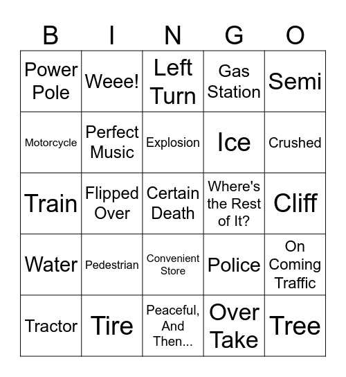 Car Crash Bingo Card