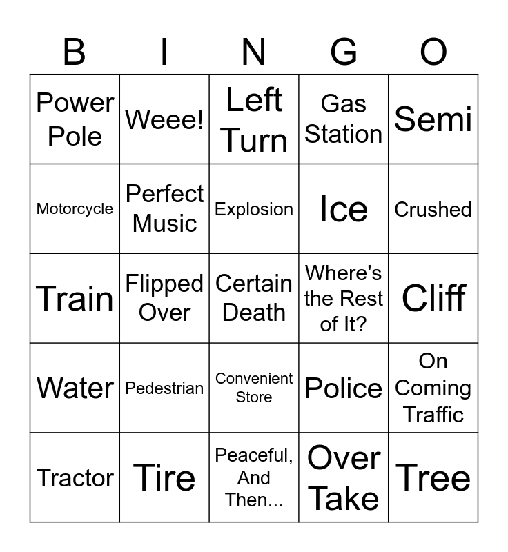 Car Crash Bingo Card