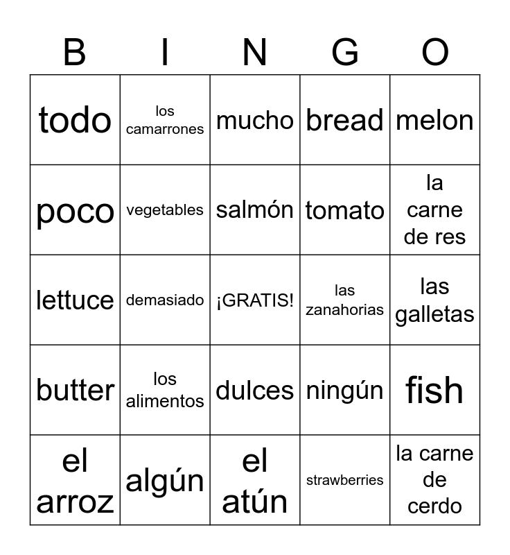 Unidad 4: Desafío 1 - Los alimentos Bingo Card