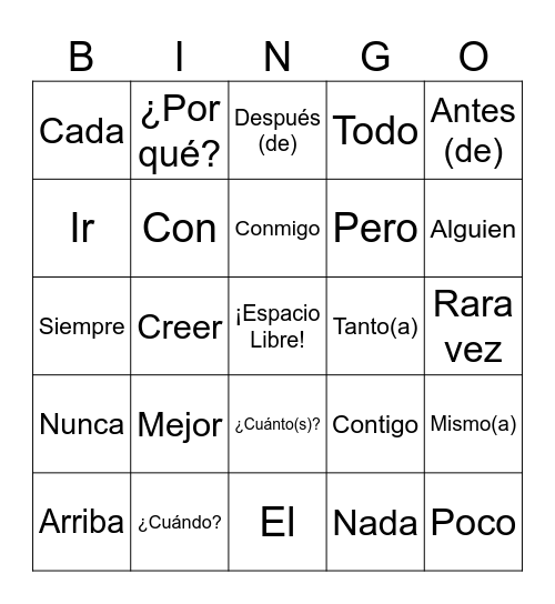 Las palabras de alta frecuencia Español Dos OLD Bingo Card