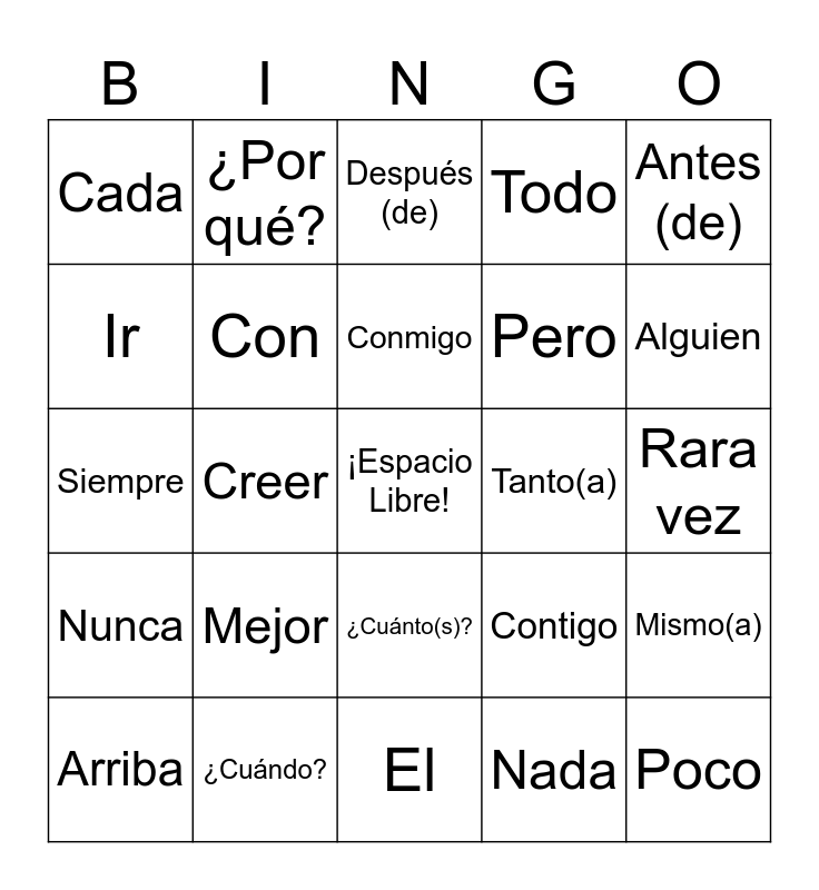 Las palabras de alta frecuencia Español Dos OLD Bingo Card