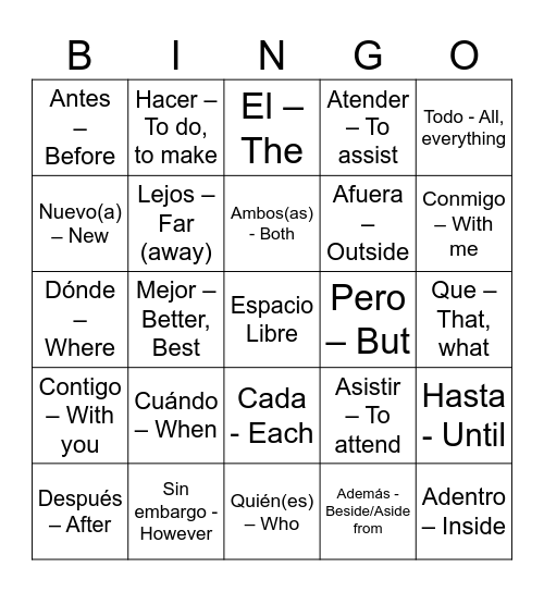 Las palabras de alta frecuencia Español Dos OLD Bingo Card