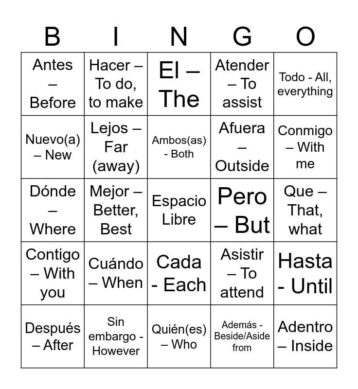 Las palabras de alta frecuencia Español Dos OLD Bingo Card