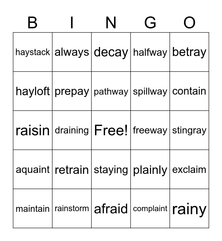 ay ai multisyllabic words BINGO Card