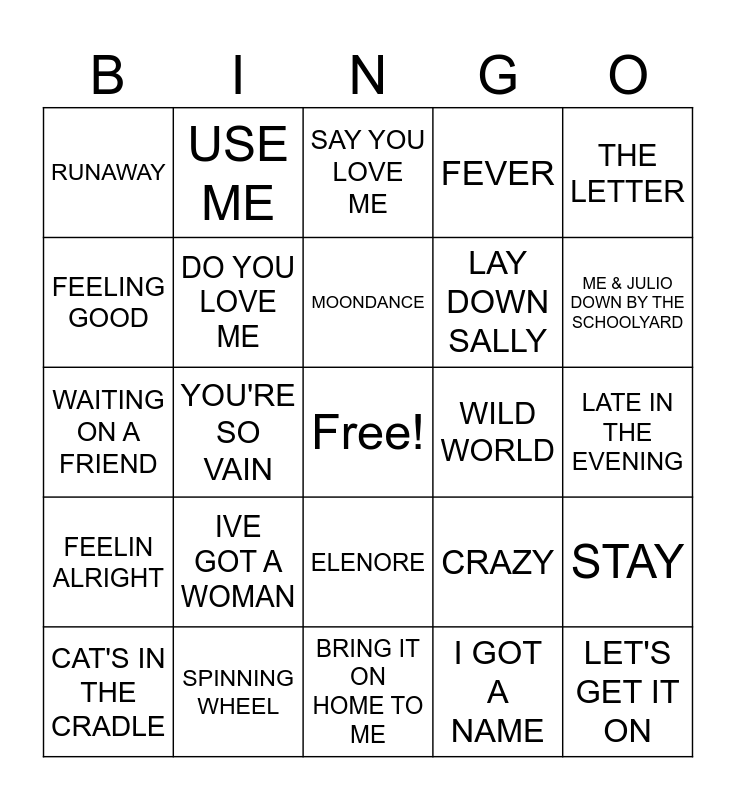#1- Misc. Oldies Bingo Card