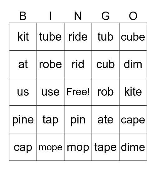 CVCe and CVC 1 Bingo Card