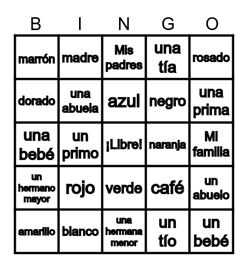 SPANISH COLORS and Family Bingo Card