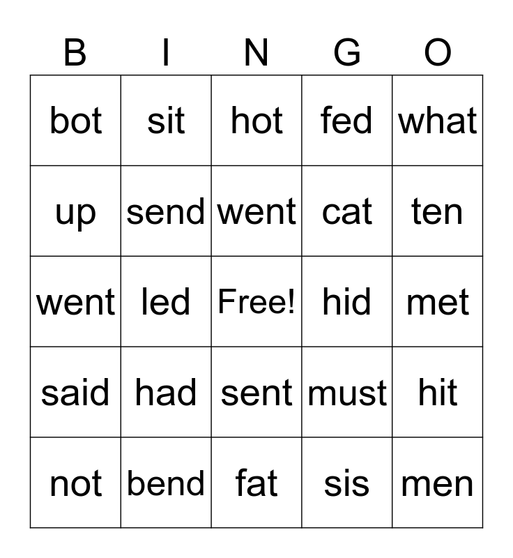 Word Work Short Vowels Bingo Card