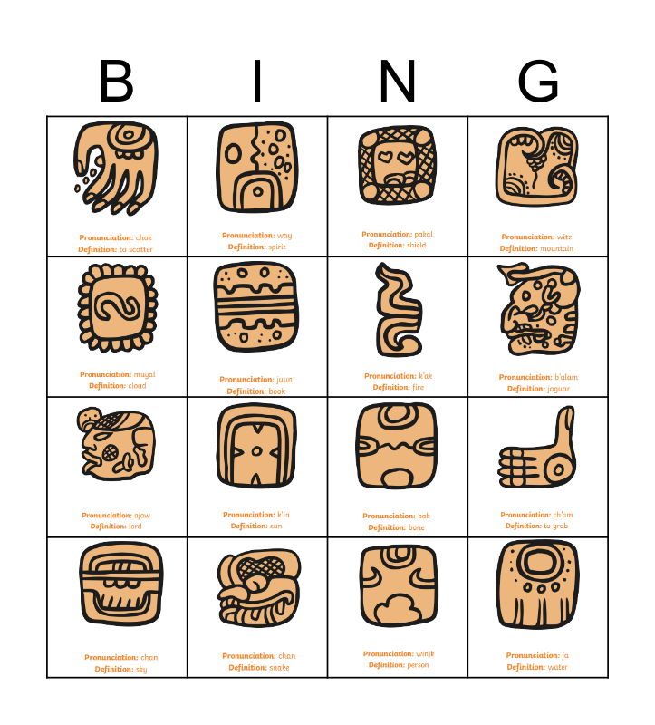 Mayan Hieroglyph Bingo Card