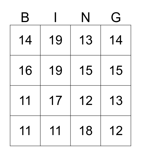 Teen Number Bingo Card