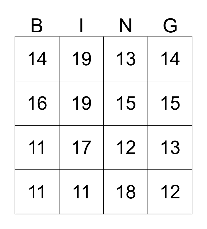 Teen Number Bingo Card