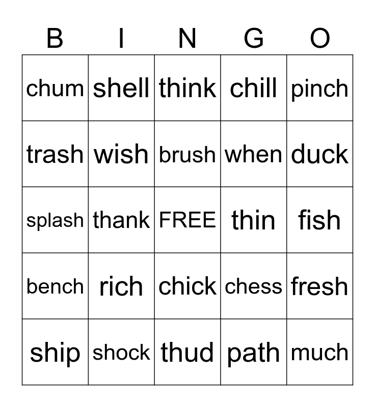 Digraphs Bingo Card