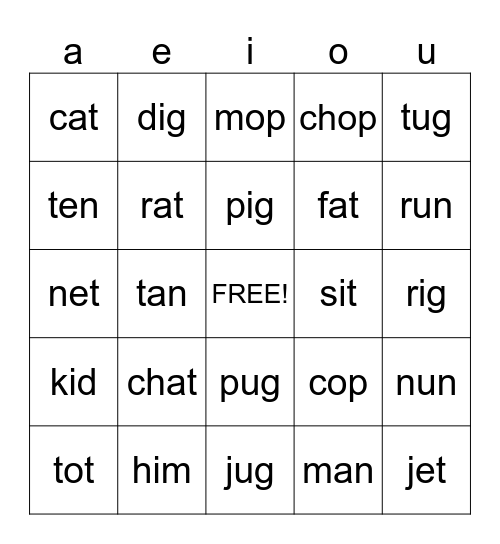 Short Vowels Bingo Card