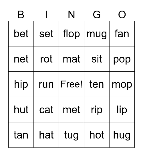 Short Letter Bingo Card