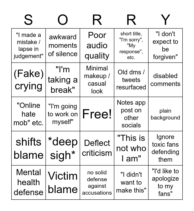 Youtuber Apology Bingo Card