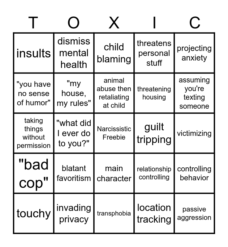 Toxic Parent Bingo Card