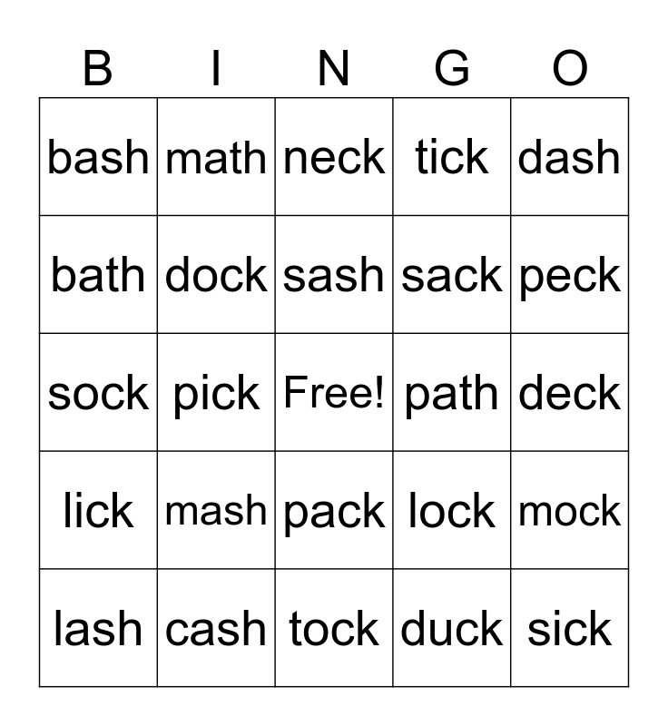 sh-ck-Digraph Bingo Card